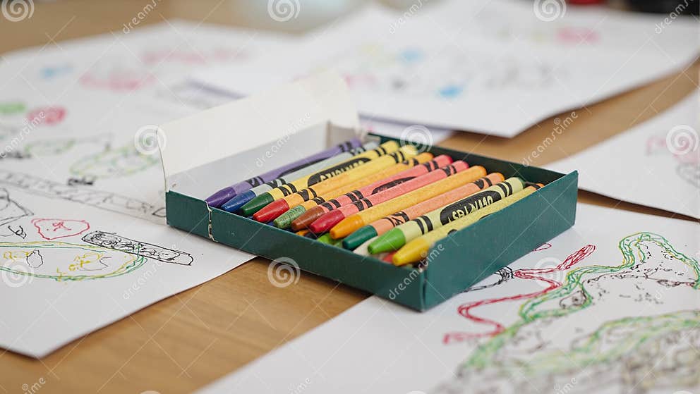 Vibrant Crayon Box Open on Table with Doodled Sheets Stock Illustration ...