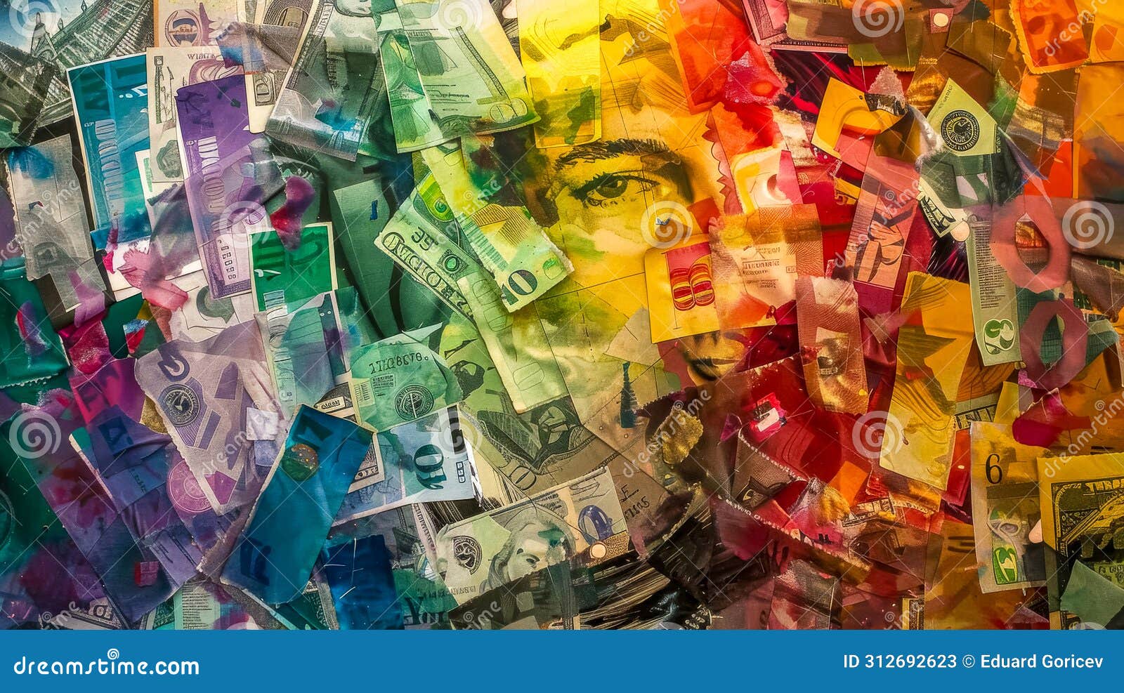 Abstract Art of Mixed Currency Notes with Vibrant Colors Overlaying a ...