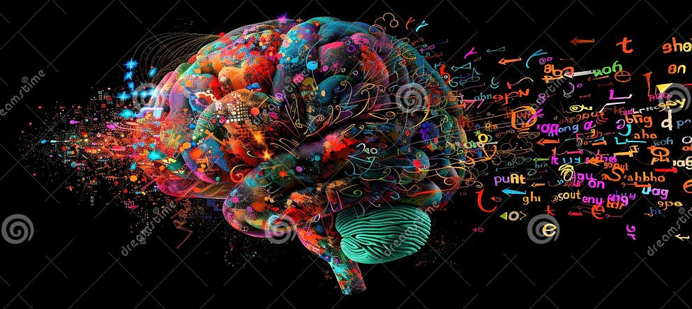 Vibrant 3D Brain Visualization with Floating Symbols Representing ...