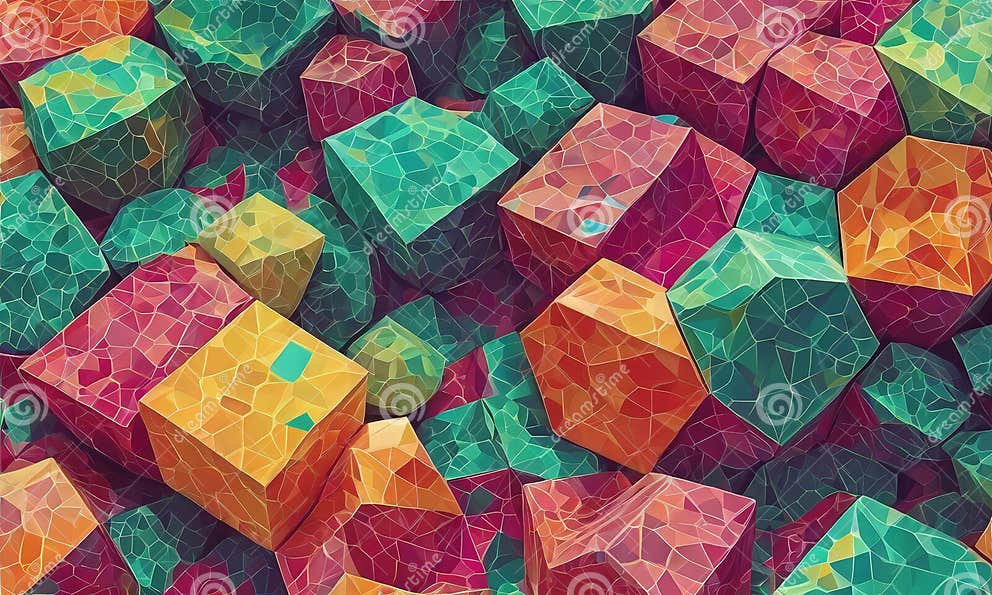 Vibrant 3D Collage Overlapping Cubes in Various Colors and Patterns ...