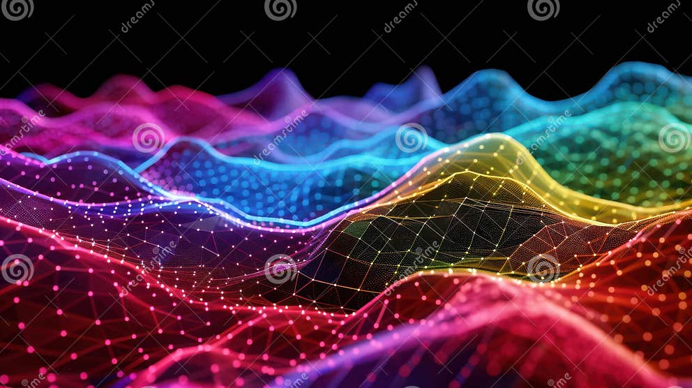 Vibrant 3D Data Models on Black Base, Colorful Wireframe Mesh ...