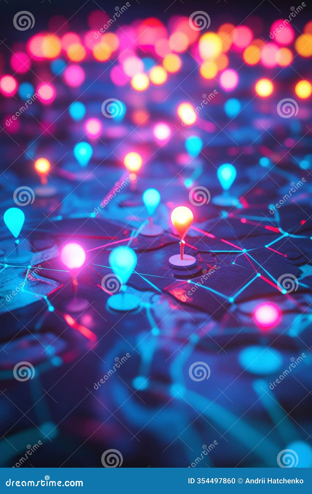 A Vibrant 3D Map with Glowing Location Pins Connected by Neon Network ...