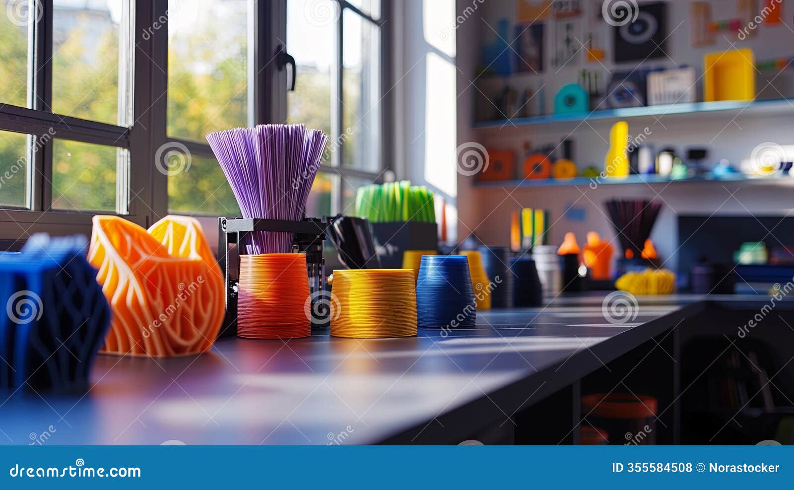 A Vibrant 3D Printing Desk with Filament Spools and Half-finished Stock ...