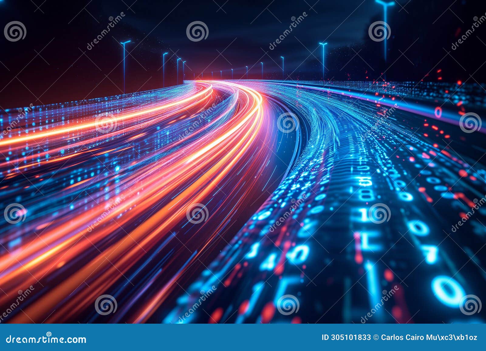 Vibrant Data Stream on Curved Highway at Night Stock Illustration ...