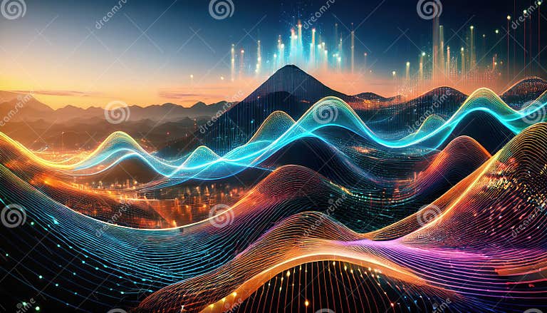 Vibrant Data Visualization with Colorful Waves and Mountain Backdrop Stock Photo - Image of ...