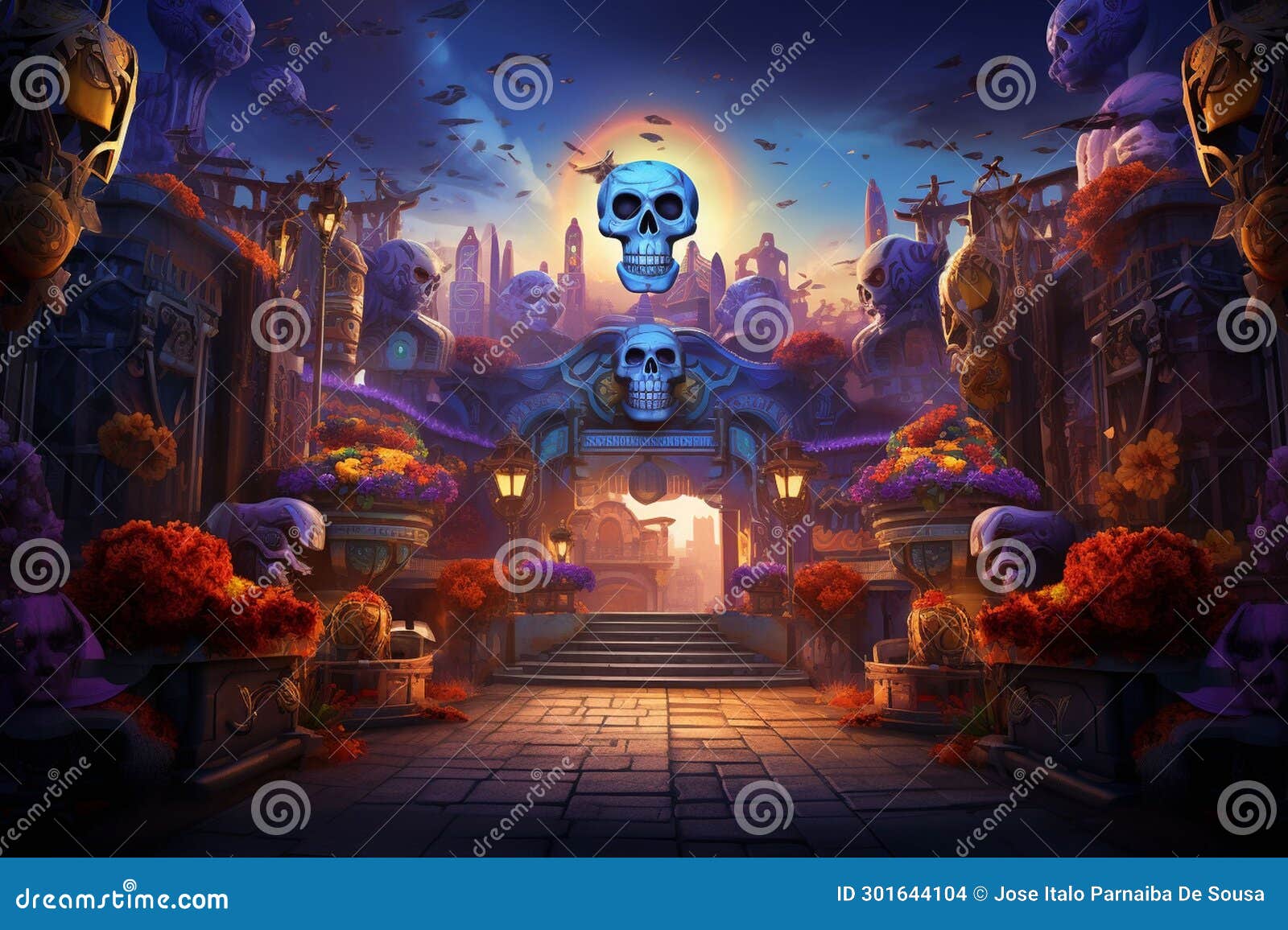 Vibrant Day of the Dead Mural Depicting Scenes Stock Illustration ...