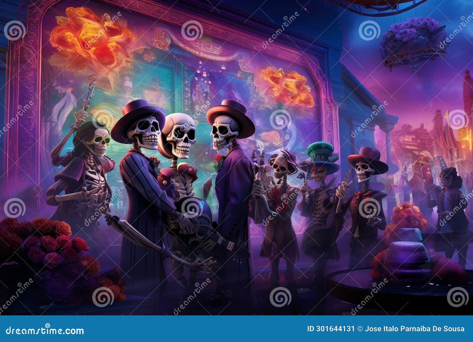 Vibrant Day of the Dead Mural Depicting Scenes Stock Illustration ...