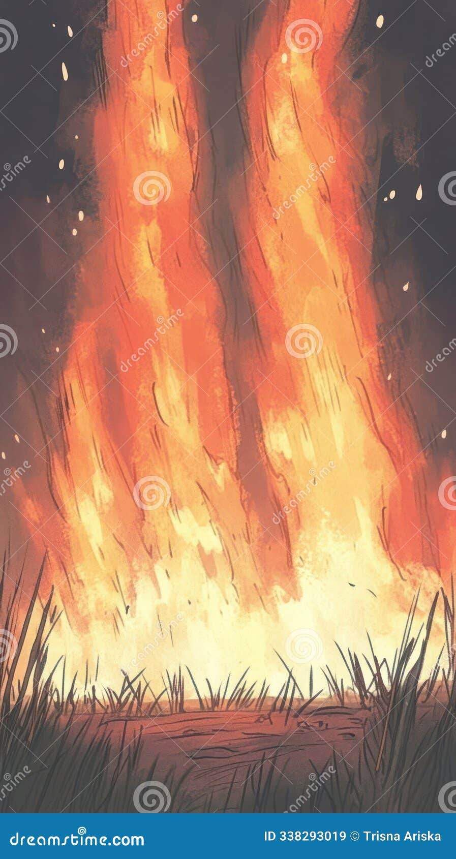 A Vibrant Depiction of Flames Rising from a Fire, Surrounded by Grass ...