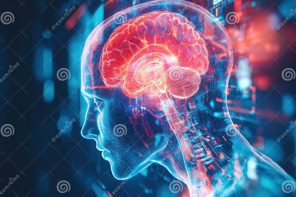 Digital Representation of a Human Brain Surrounded by Technology in a ...