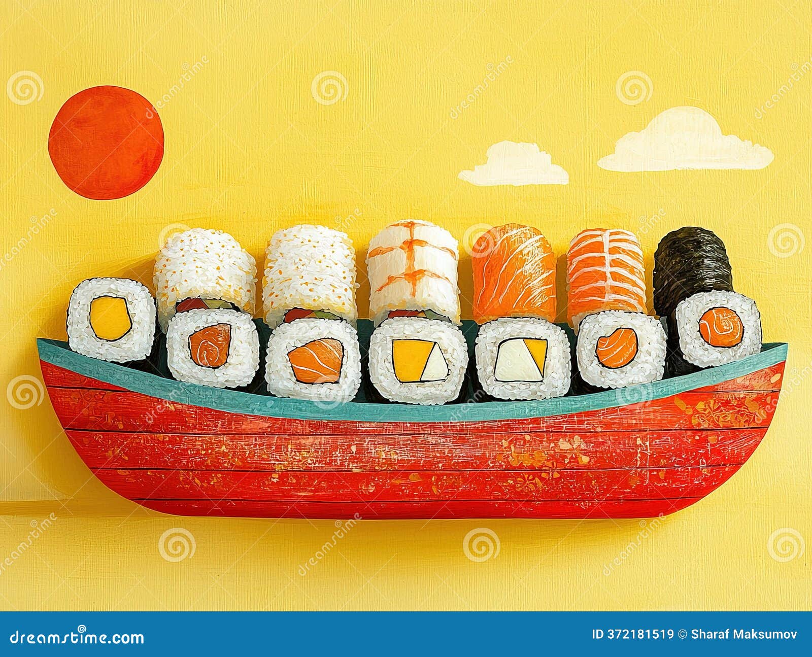 Sushi Boat With Different Types Of Sushi Pieces In A Chinese/Japanese ...