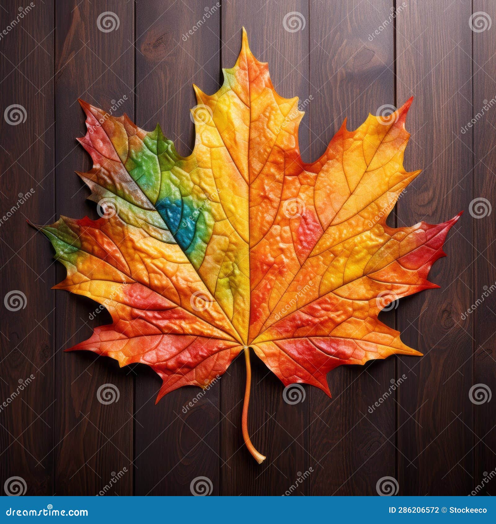Colorful Autumn Leaf: Hyper-realistic Details on Wooden Background ...
