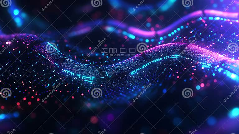 Abstract Digital Waveform: Glowing Neon Particles and Binary Code in a ...