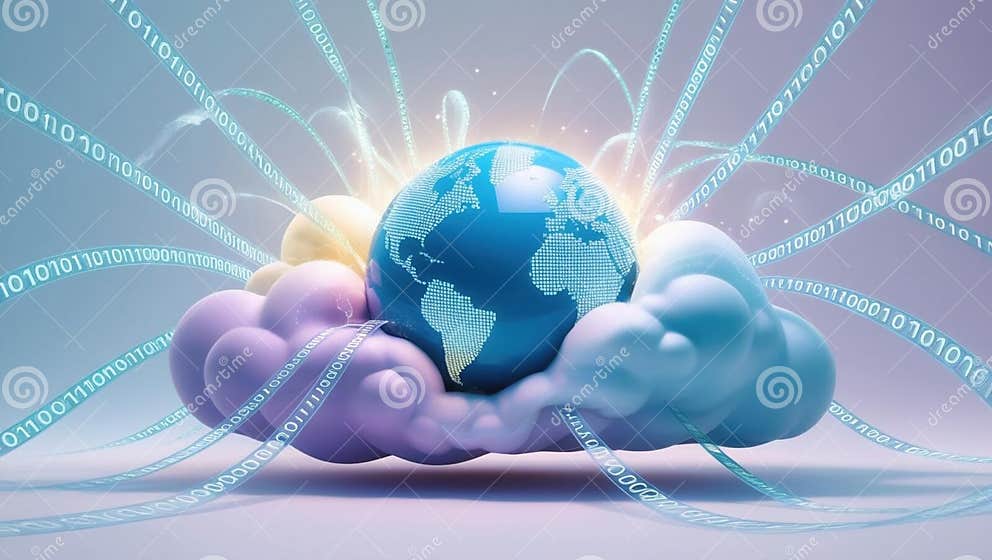 Vibrant Digital Globe Surrounded by Binary Code Streams Flowing into Glowing Cloud, Symbolizing ...