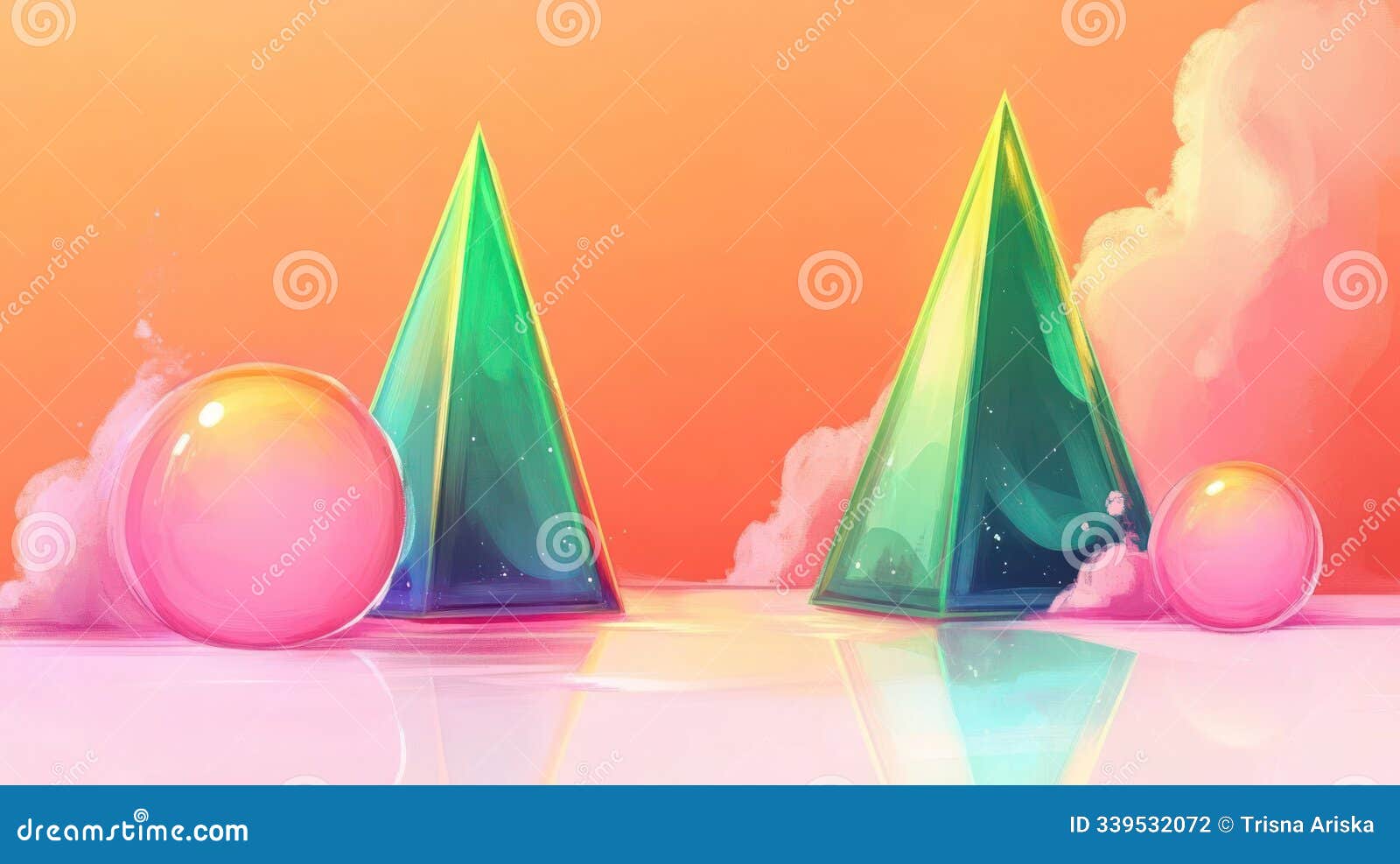 A Vibrant Digital Illustration Featuring Two Green Pyramids and Pink ...