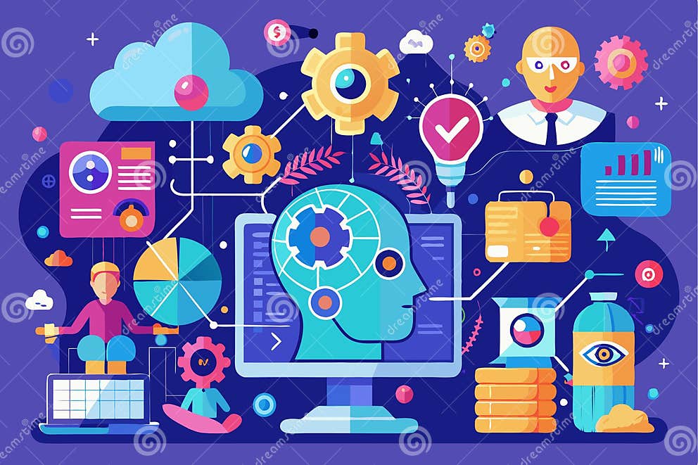A Vibrant Digital Illustration Showcases the Key Elements of Artificial Intelligence and Machine ...
