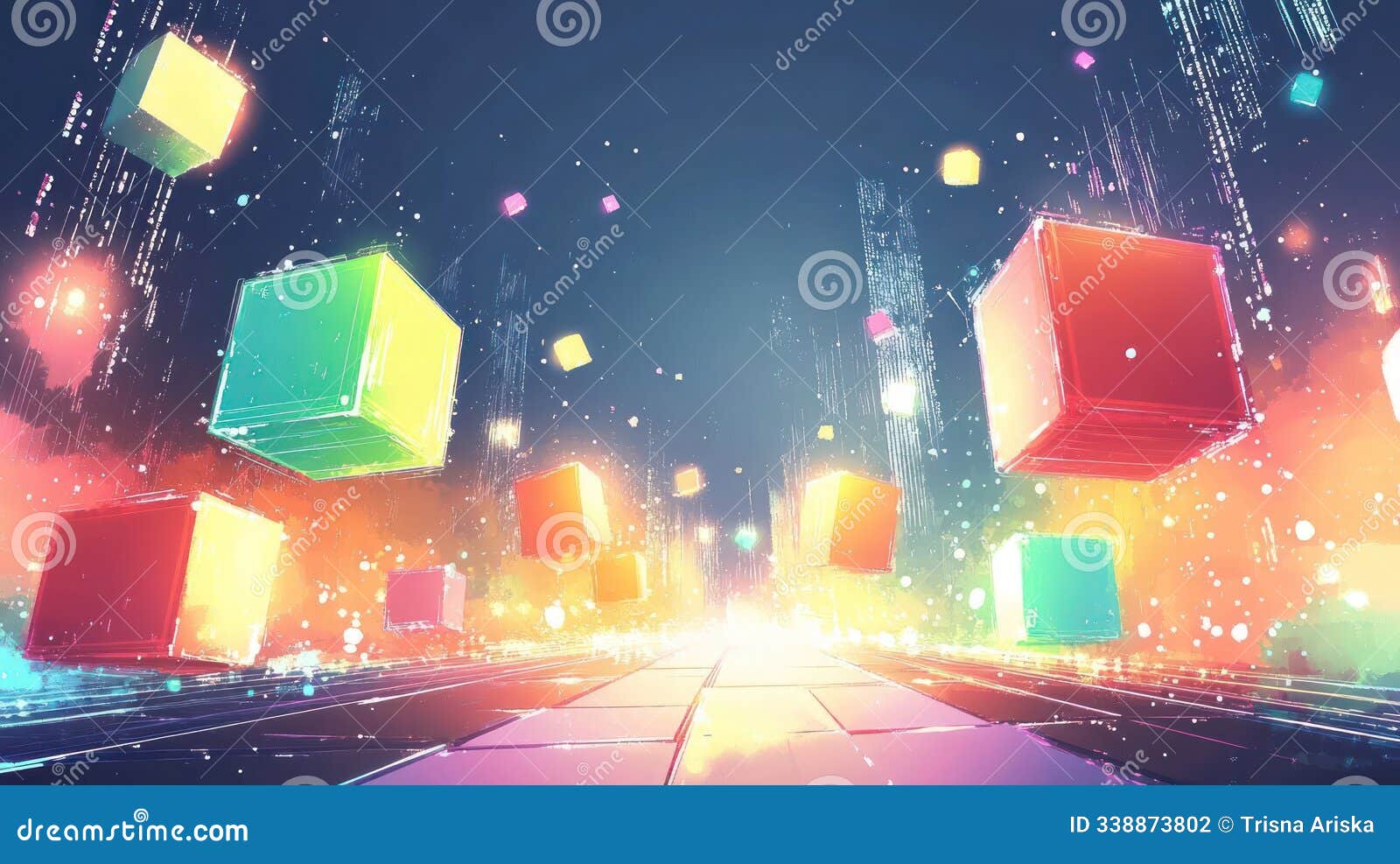 A Vibrant, Digital Landscape Featuring Colorful Floating Cubes and a ...