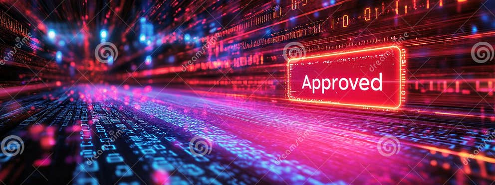 A Vibrant Digital Landscape Featuring Glowing Approved Sign Amidst Stream of Binary Code ...