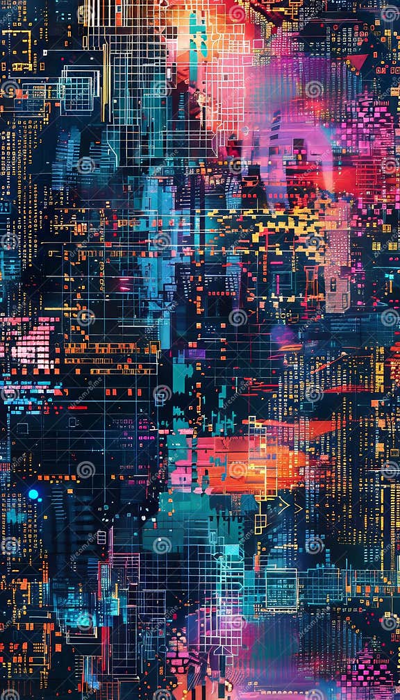 Vibrant Digital Textures and Intricate Code Create a Seamless Pattern ...