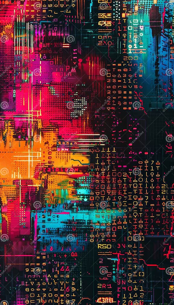 Vibrant Digital Textures and Intricate Code Create a Seamless Pattern ...