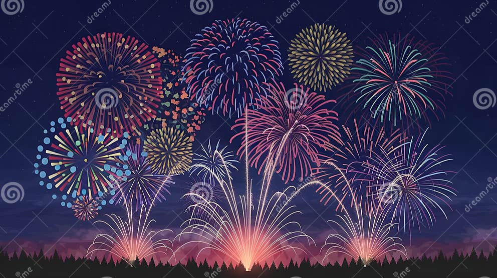 Colorful Fireworks Display Over Silhouetted Forest at Night Stock ...