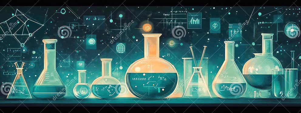 A Vibrant Display of Laboratory Glassware with Scientific Symbols and ...