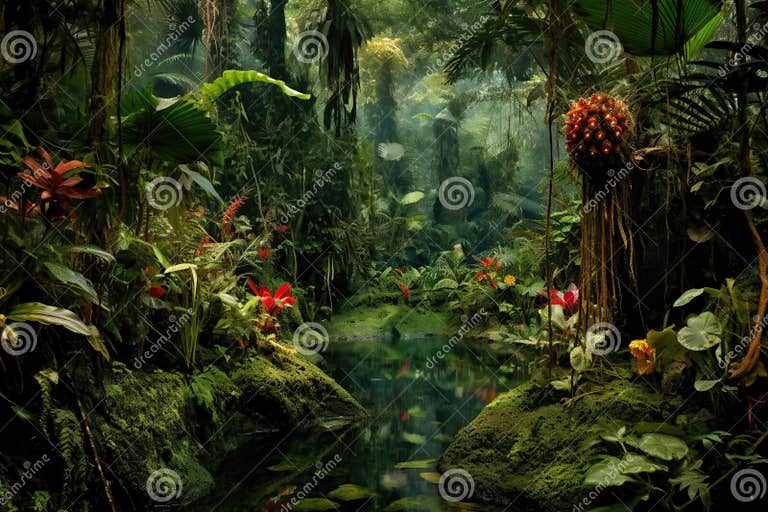 Vibrant and Diverse Rainforest Ecosystem from Ground Level Stock Photo ...
