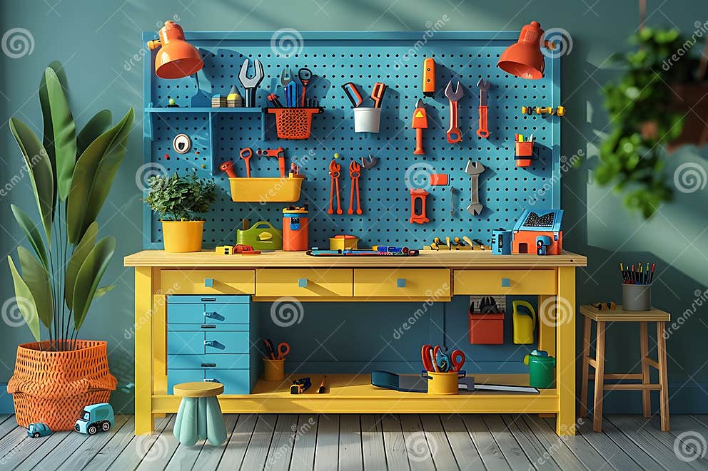 Colorful DIY Projects Workbench with Tools and Plants in Modern ...
