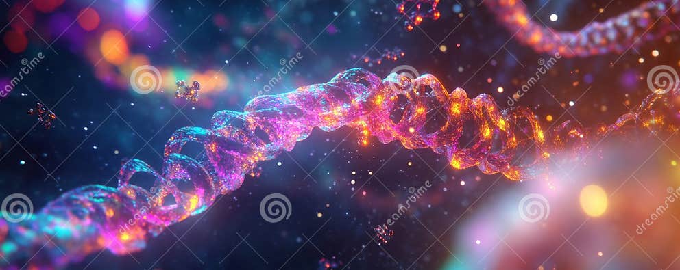 Vibrant DNA Strands in Multicolored Light, Floating through a Dark ...