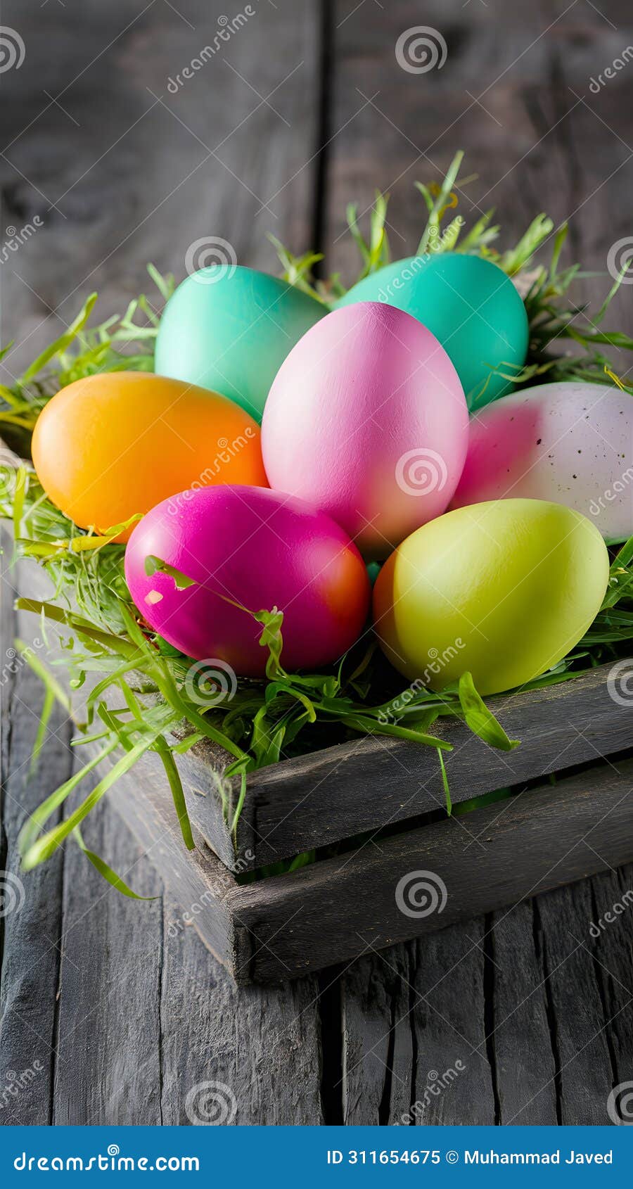 Vibrant Easter Eggs Displayed in a Charming Rustic Wooden Crate Stock ...