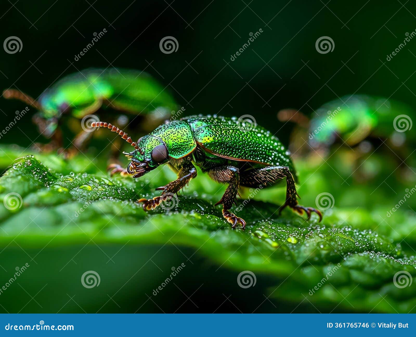 Vibrant Emerald Green Beetle Explores Surface of Green Leaf Its ...