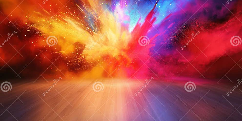 Vibrant Explosion of Colorful Powder on Wooden Floor with Dynamic Light ...
