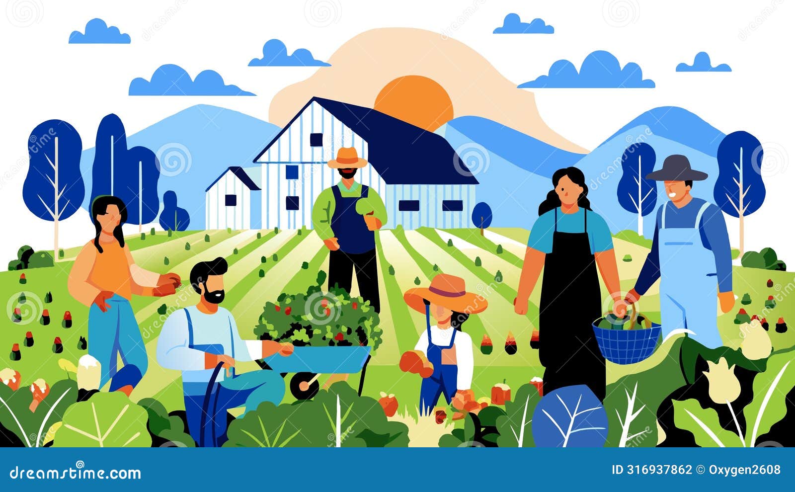Vibrant Farming Community Harvesting Crops at Sunset Illustration Stock ...