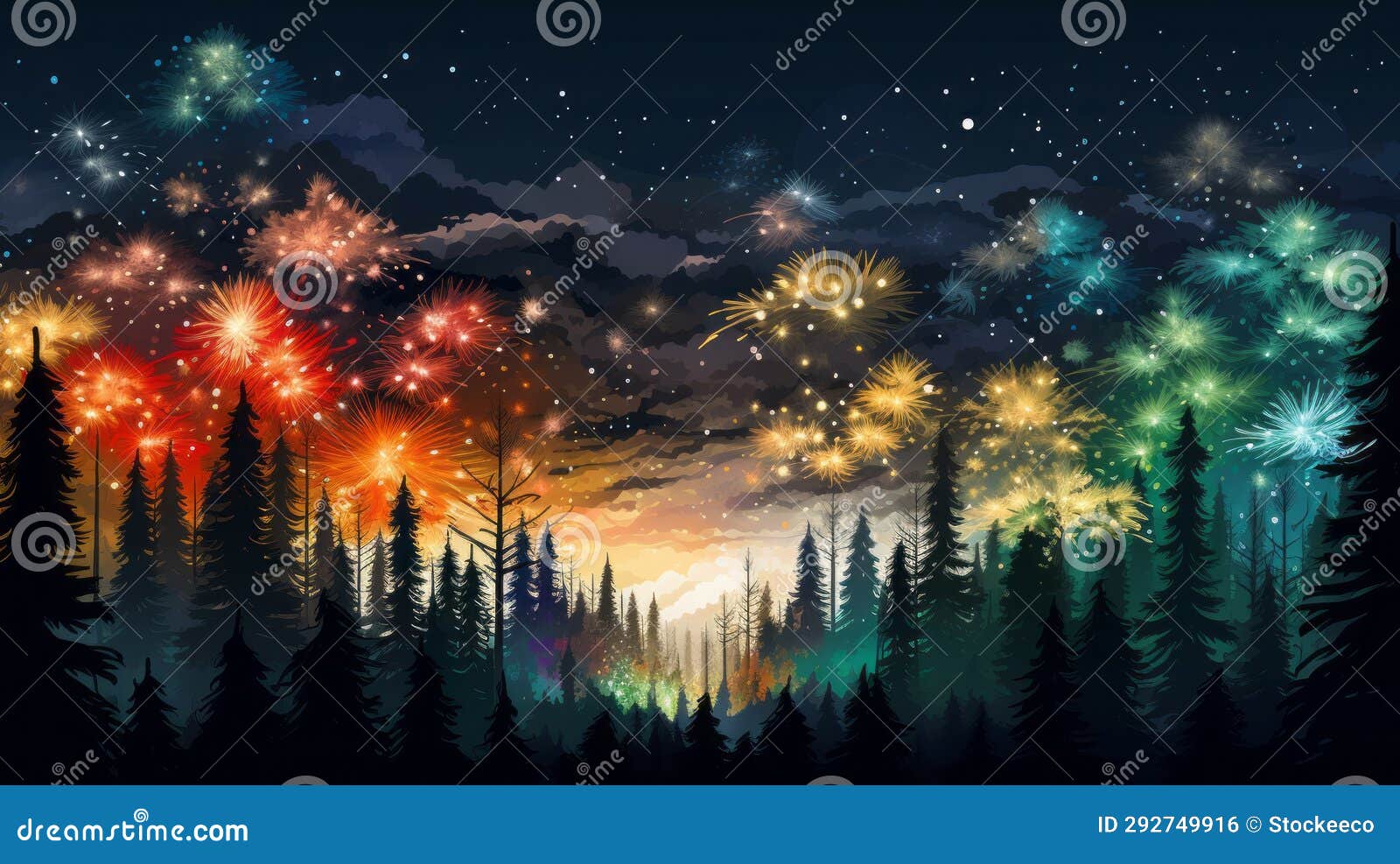 Colorful Fireworks in Boreal Forest: Retro 8-bit Illustration Stock ...