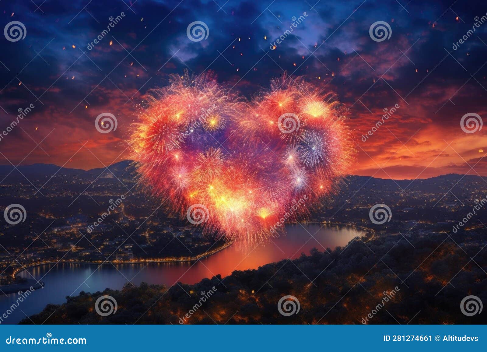 Vibrant Fireworks Creating a Heart Shape in the Sky Stock Illustration ...