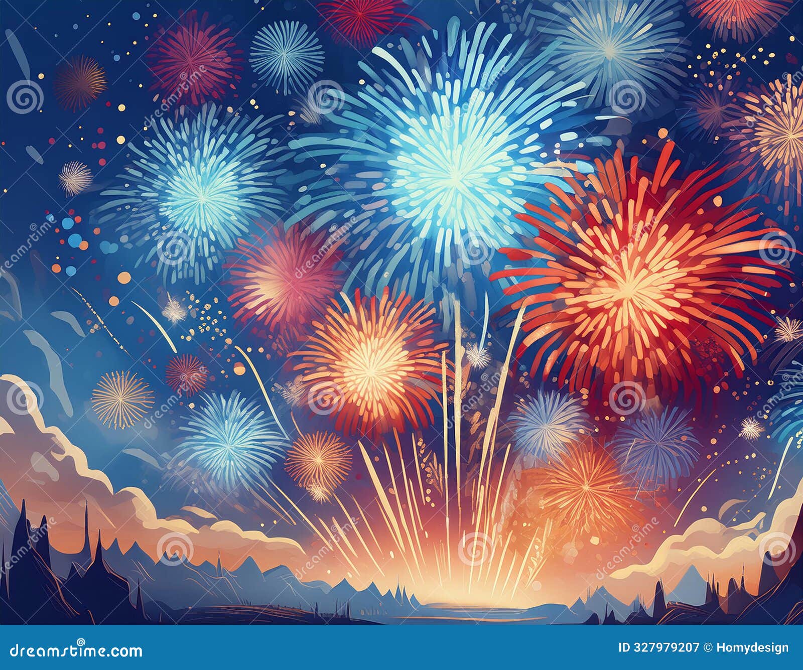 A Vibrant Fireworks Display Illuminates the Silhouette Landscape Stock ...