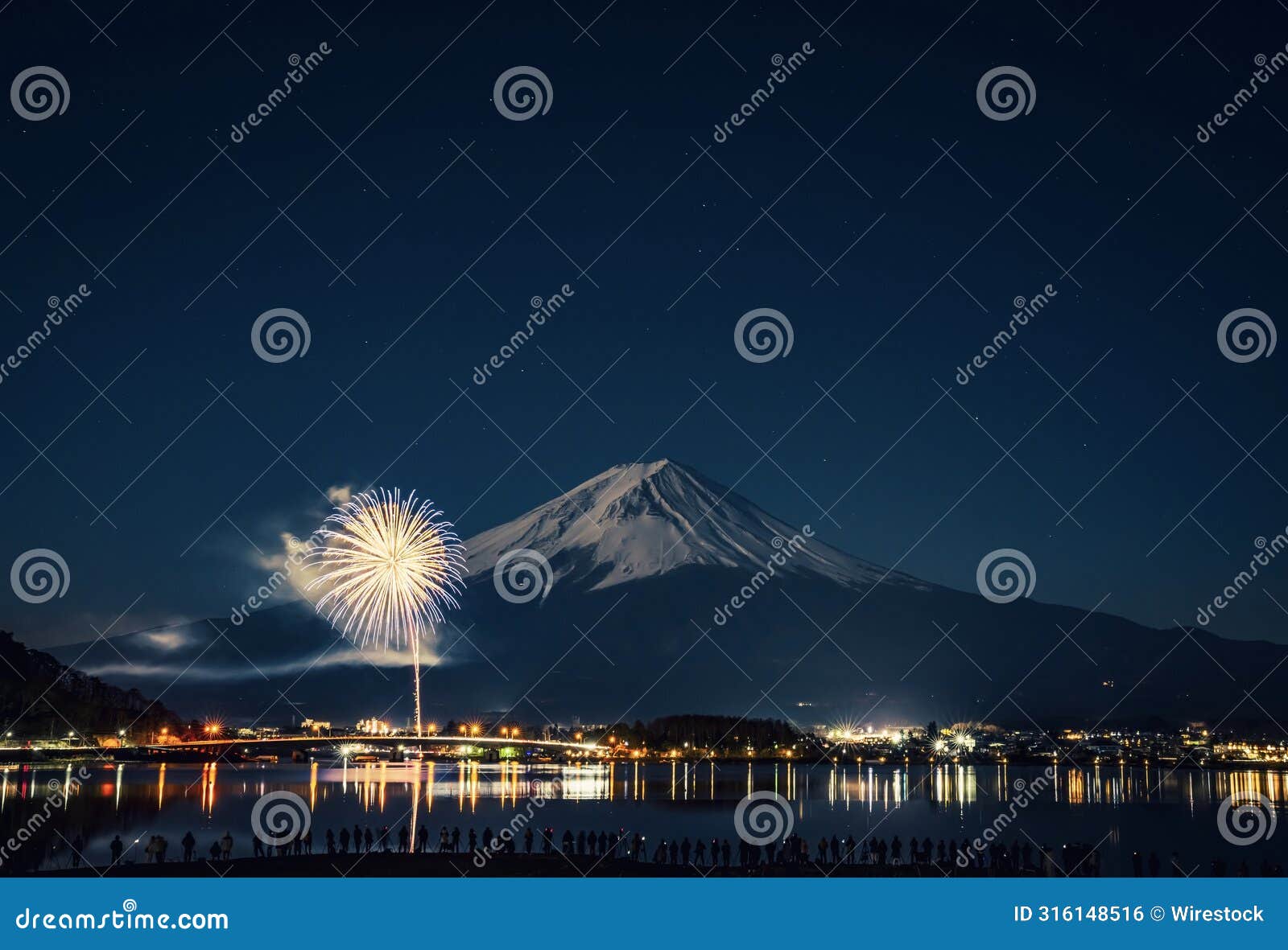 Vibrant Fireworks Light Up the Sky Above Mount Fuji at Night. Stock ...