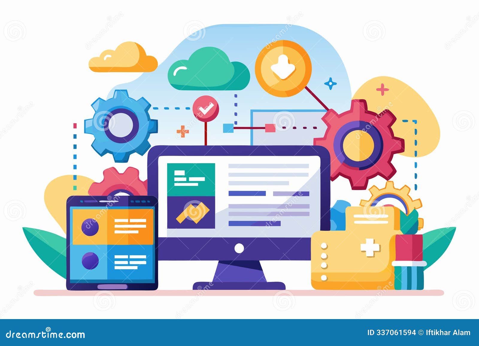 A Vibrant Flat Illustration Featuring Devices and Gears Representing ...