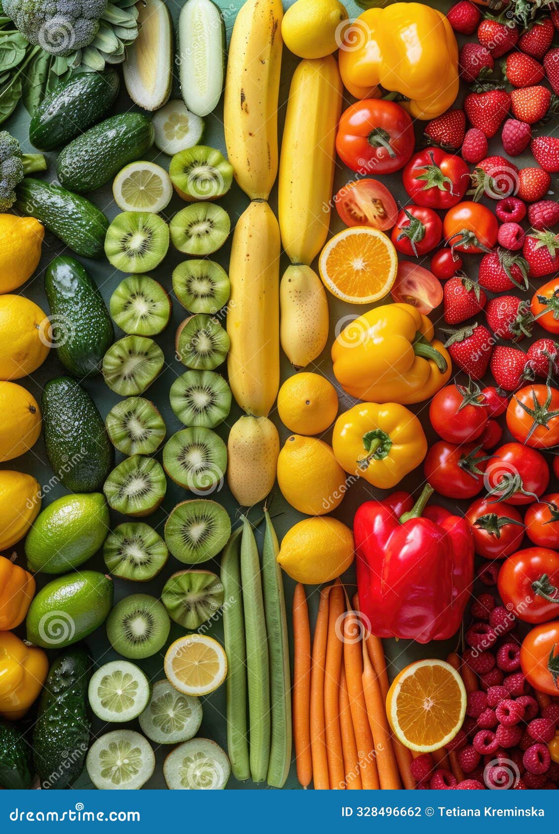 Vibrant Flatlay of Color Grouped Fruits and Vegetables on Seamless ...