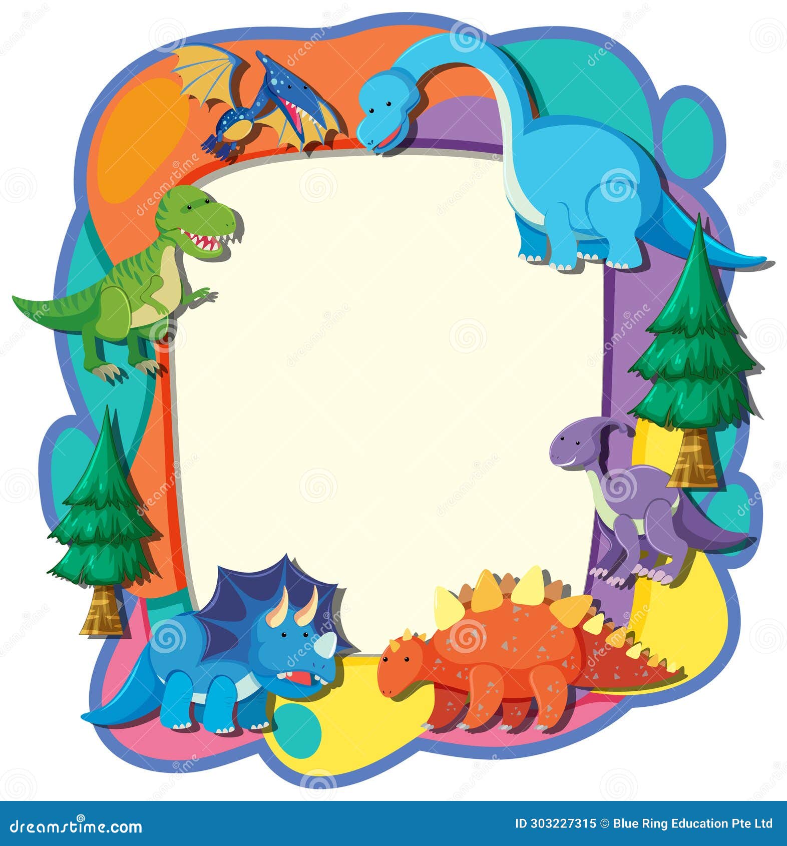 Vibrant Frame with Playful Cartoon Dinosaurs and Trees Stock Vector ...
