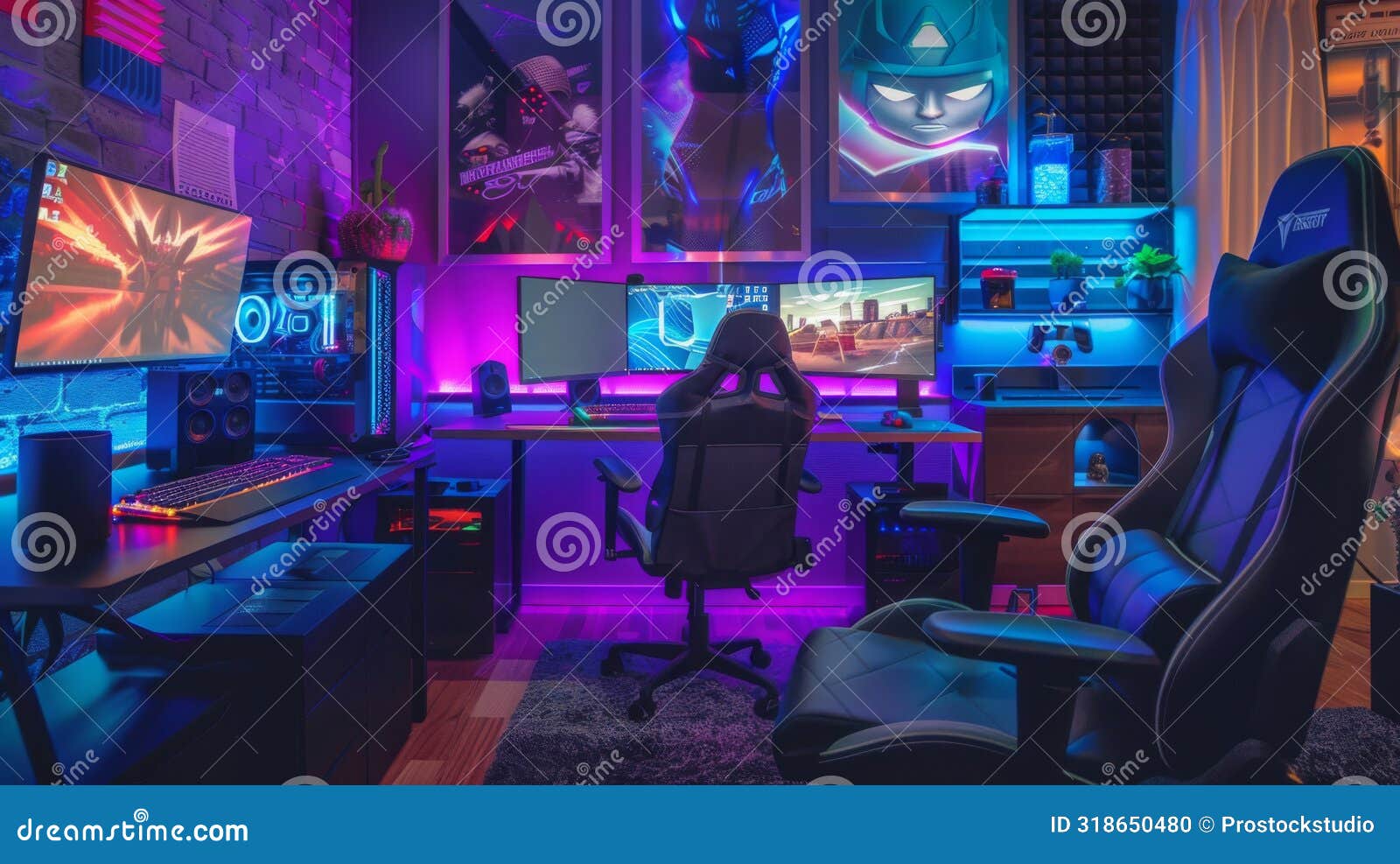 Vibrant Gaming Setup with LED Lighting in Modern Home Office at Night ...