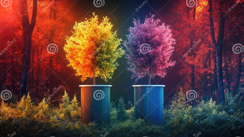 Vibrant Gradient Trees in Cylindrical Planters Amidst Enchanted Forest ...
