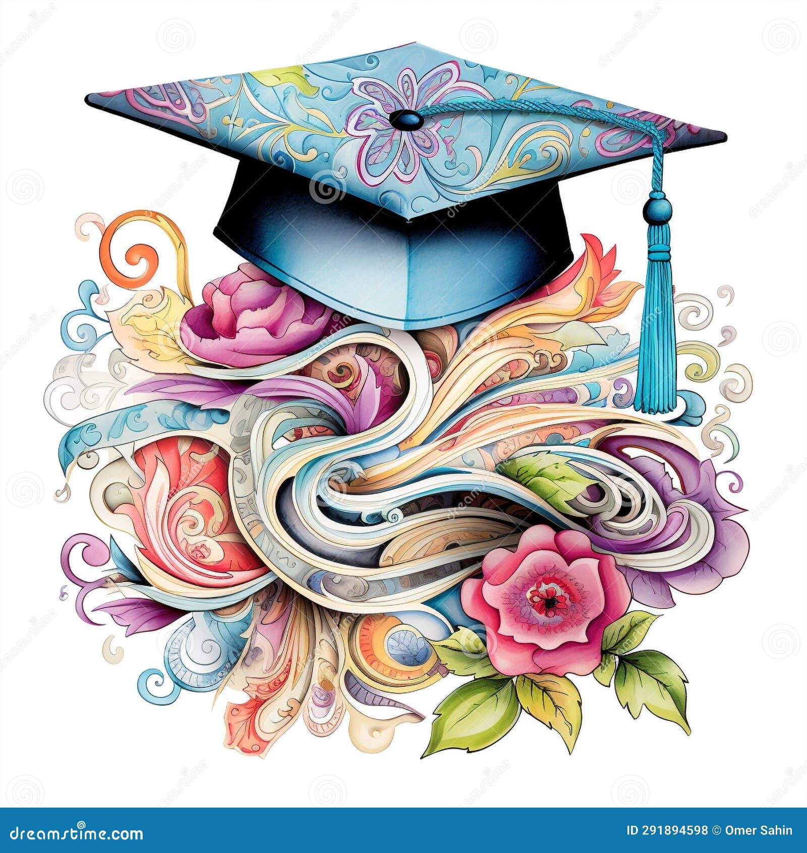 Vibrant Graduation Cap with Intricate Patterns and Cascading Graduation ...