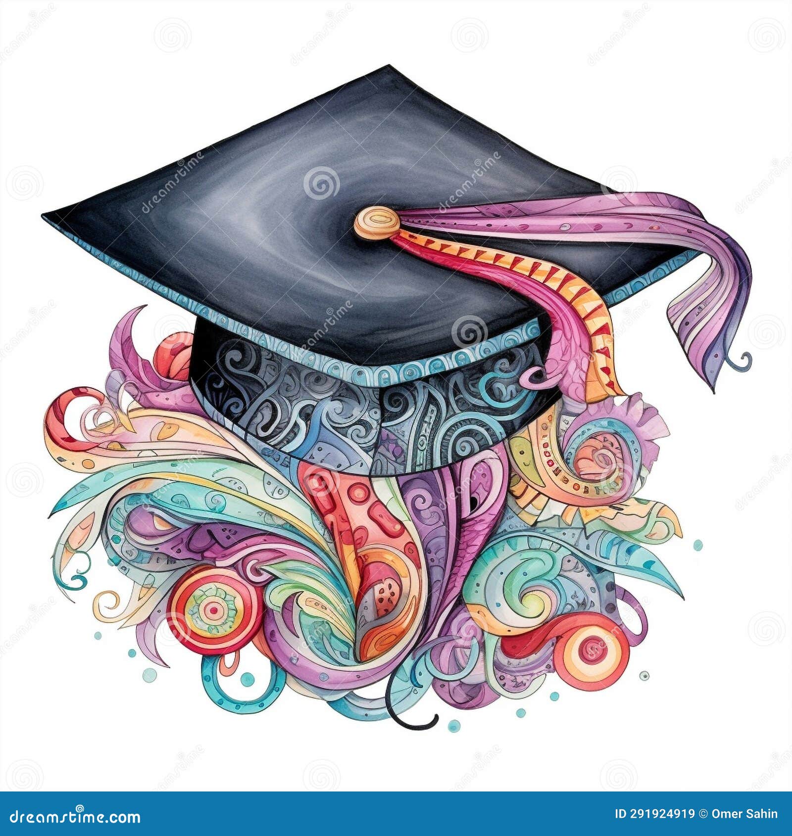Vibrant Graduation Cap with Intricate Patterns and Cascading Graduation ...