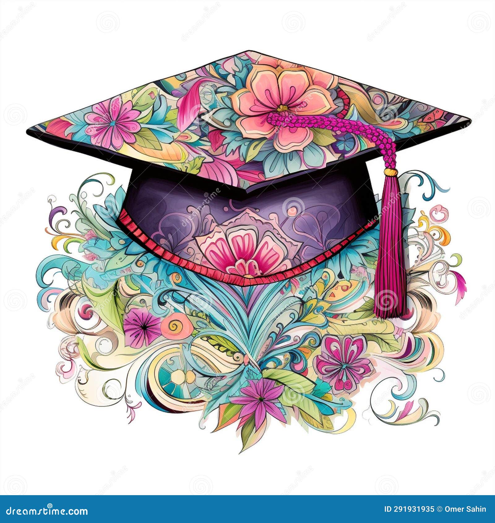 Vibrant Graduation Cap with Intricate Patterns and Cascading Graduation ...