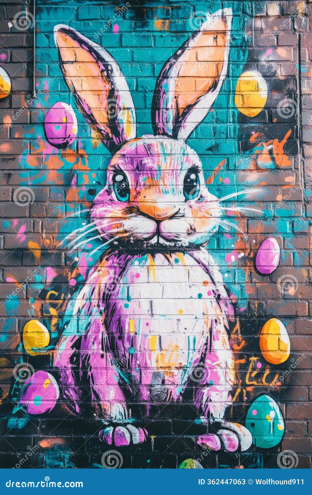 A Vibrant, Graffiti-style Easter Bunny Painted on a Brick Wall ...