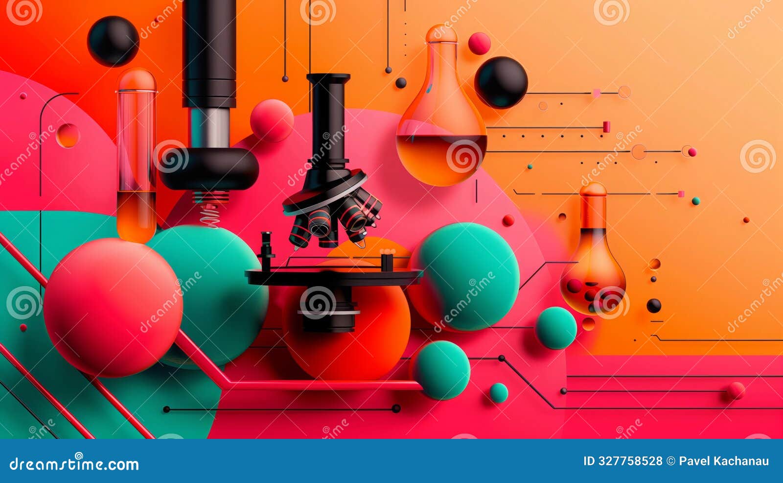 A Vibrant Graphic Collage With A Microscope, Beakers, And Molecular ...