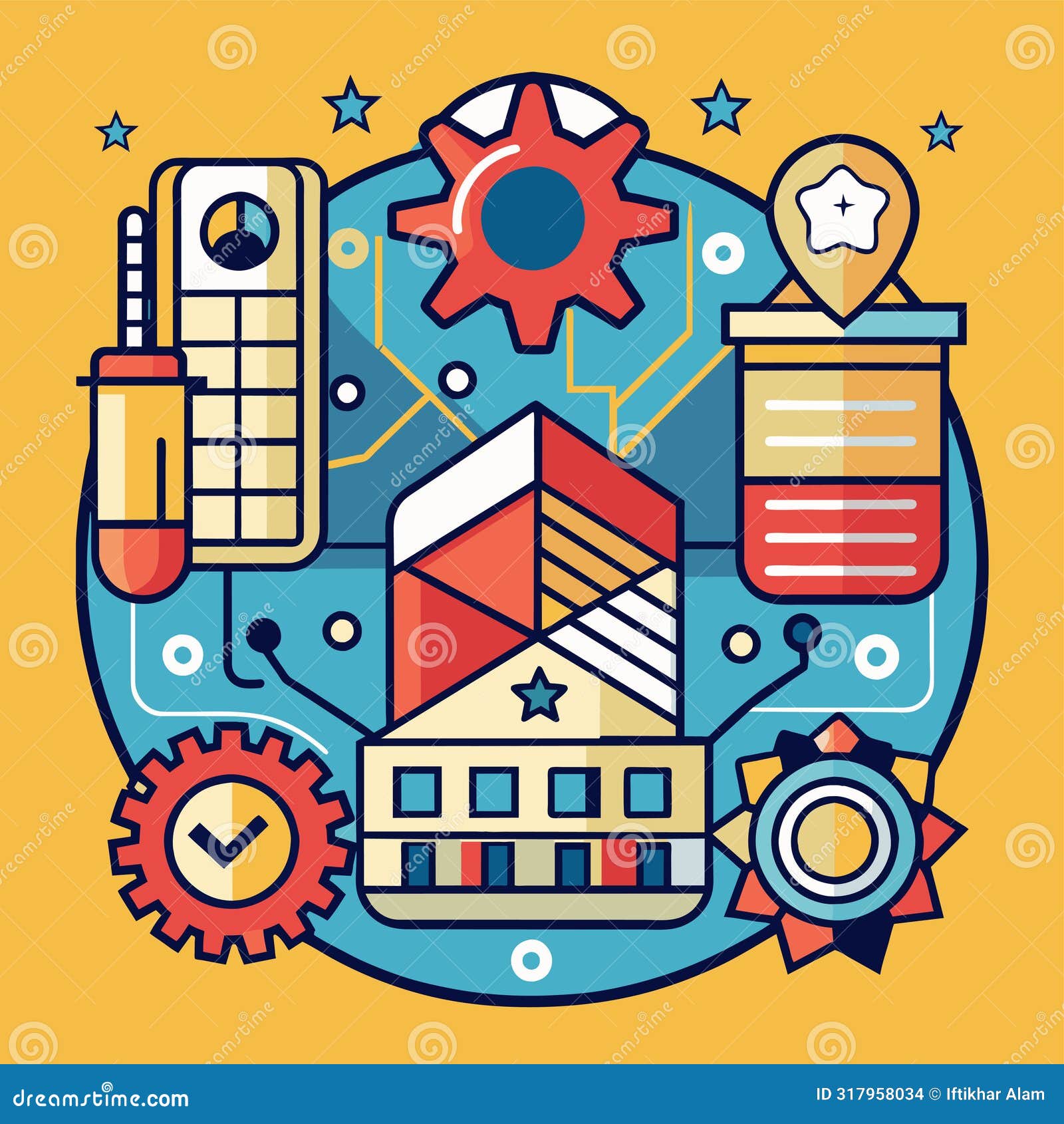 Vibrant Graphic Depicting a Building Amidst an Array of Diverse Objects ...