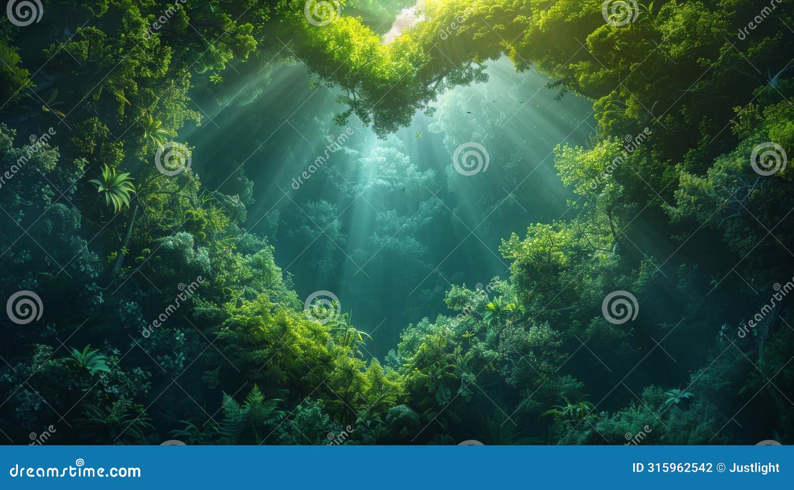 A Vibrant Green Forest Scene with Rays of Sunlight Shining through the ...