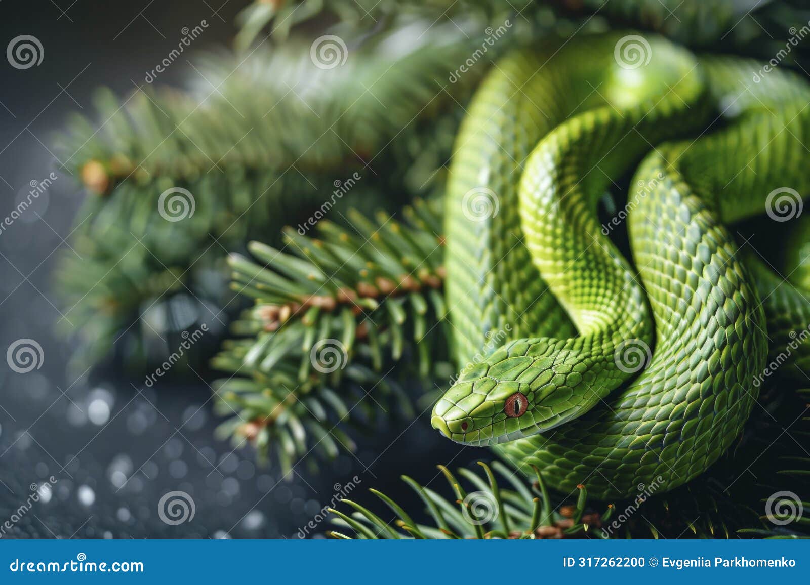 Vibrant Green Snake Coiled on Pine Branch Stock Illustration ...