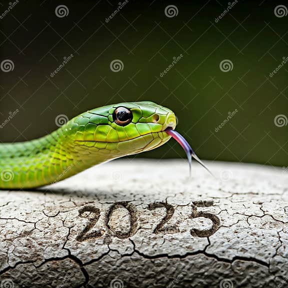 Vibrant Green Snake on Cracked Surface with 2025 Etching Stock ...